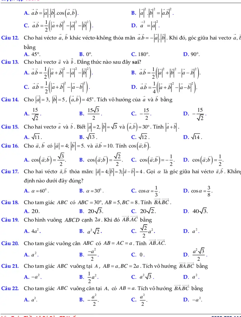 94 bai tap trac nghiem tich vo huong cua hai vecto co dap an va loi giai