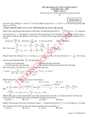 ĐỀ THI KHẢO SÁT CHẤT LƯỢNG LỚP 12 NĂM HỌC 2012 - 2013 MÔN: VẬT LÝ - Mã đề 023 ppt