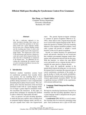 Báo cáo khoa học: "Efﬁcient Multi-pass Decoding for Synchronous Context Free Grammars" pdf