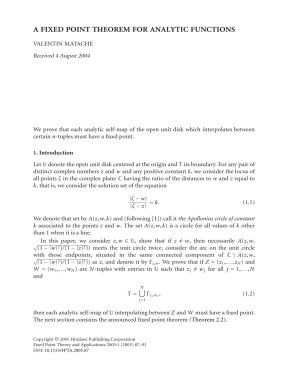 Báo cáo hóa học: " A FIXED POINT THEOREM FOR ANALYTIC FUNCTIONS VALENTIN MATACHE" doc
