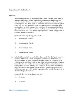 English grade 10 reading test 01