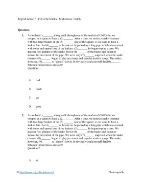 English grade 7 fill in the blanks multichoice test 02