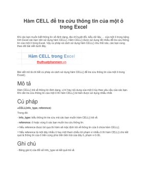 Hàm CELL để tra cứu thông tin của một ô trong excel