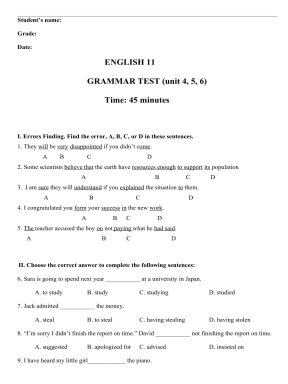 english grammar test grade 11