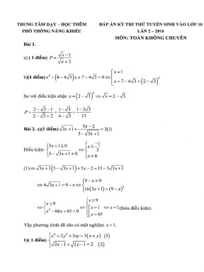 [2016] ĐỀ THI VÀ ĐÁP ÁN CÁC MÔN THI THỬ LỚP 10 PTNK ĐỢT 2 – Trung Tâm Phổ Thông Năng Khiếu (Dạy ...