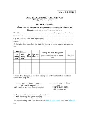 Mẫu 04B -BHKV: Bản khai cá nhân về thời gian, địa bàn phục vụ Quân đội ...