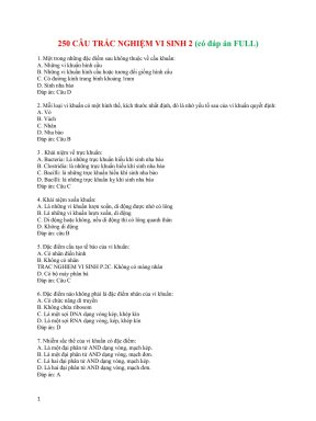 250 CÂU TRẮC NGHIỆM VI SINH 2 (có đáp án FULL)
