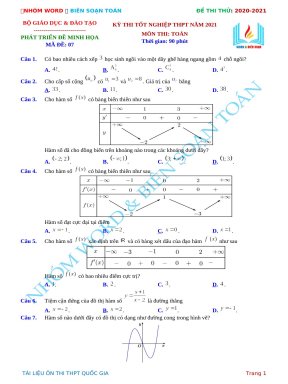 NW358 đề 07 PHÁT TRIỂN đề MINH họa THI TN THPT 2020 2021 chỉ có đề