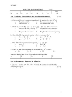 Unit 3 quadratic functions test for mathematics calculus