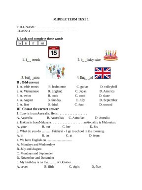 MIDDLE TERM TEST 1 for grade 4