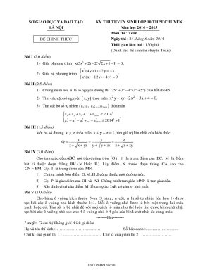 Đề thi tuyển sinh lớp 10 THPT chuyên TP Hà Nội năm học 2014 – 2015 môn thi: Toán