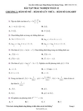 Bài tập trắc nghiệm Giải tích 12 Hàm số mũ, hàm số lũy thừa, hàm số loogarit Đặng Hoàng Liên25253
