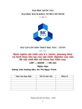 Bài tập lớn môn Triết Học Mác - Lênin , ĐH BK HCM, Định nghĩa vật chất ...