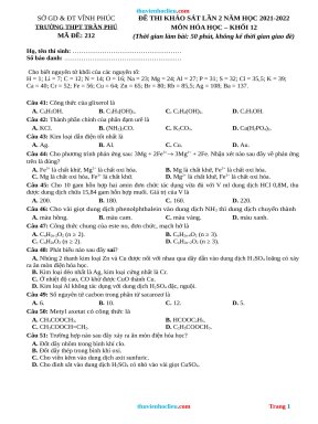 Đề Thi KSCL Hóa 12 Năm 2022 Trường THPT Trần Phú Lần 2 Có Đáp Án