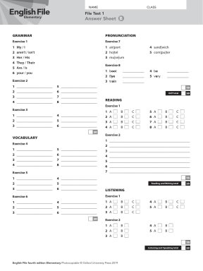 English file 4th edition elementary file test 1b answer sheet
