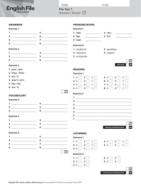English file 4th edition elementary file test 1a answer sheet