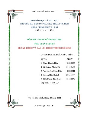 MÔN HỌC NHẬP MÔN LOGIC HỌC TIỂU LUẬN CUỐI KỲ ĐỀ TÀI LOGIC VÀ CÁC LỖI ...