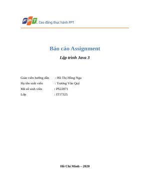 Báo cáo assignment lập trình java 3 tạo các package (dao, entity, ui, ) để lưu các file trong ...