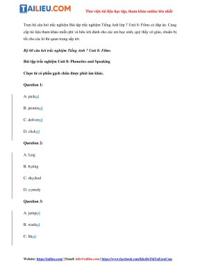 Tải Bài tập trắc nghiệm Tiếng Anh lớp 7 Unit 8: Films có đáp án