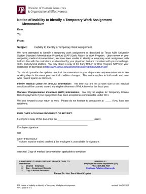 Notice of Inability to Identify a Temporary Work Assignment Memorandum