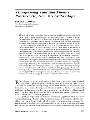 Transforming Talk And Phonics Practice: Or, How Do Crabs Clap?