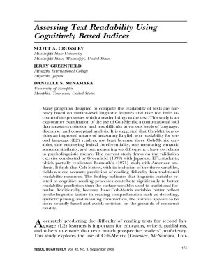 Assessing Text Readability Using | Cognitively Based Indices