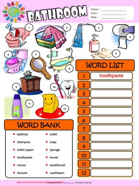 bathroom esl vocabulary find and write the words worksheet for kids ...