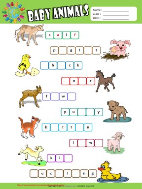 baby animals esl vocabulary missing letters in words worksheet for kids ...