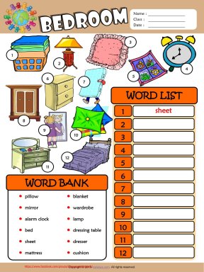 bedroom esl vocabulary find and write the words worksheet for kids ...
