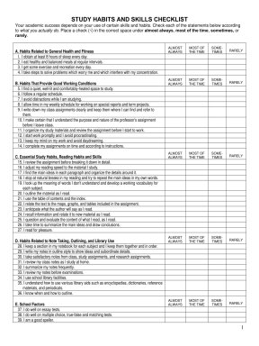 Study Habits and Skills Checklist with scoring