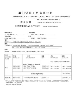 MẪU COMMERCIAL INVOICE SONG NGỮ TRUNG ANH