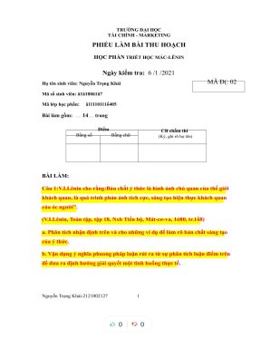 (TIỂU LUẬN) lênin cho rằngbản chất ý thức là hình ảnh chủ quan của thế gi9i khách quan, là quá ...