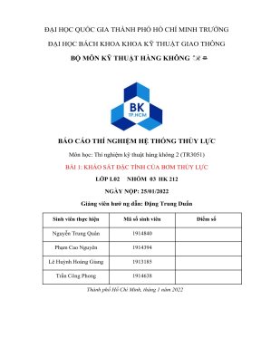 (TIỂU LUẬN) báo cáo THÍ NGHIỆM hệ THỐNG THỦY lực môn học thí nghiệm kỹ thuật hàng không 2 ...