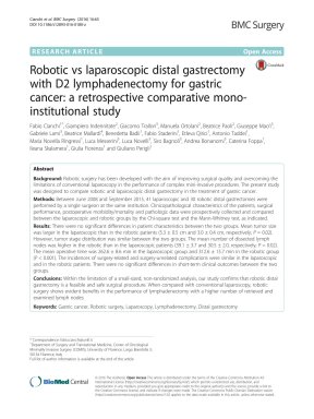 robotic vs laparoscopic distal gastrectomy with d2 lymphadenectomy for gastric cancer a retrospectiv