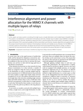 interference alignment and power allocation for the mimo x channels with multiple layers of relays