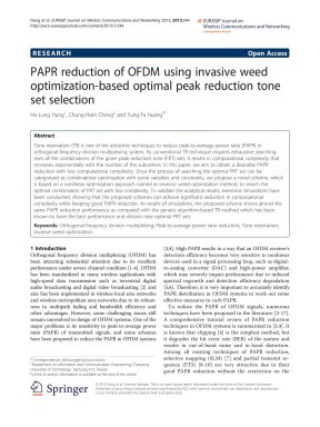 papr reduction of ofdm using invasive weed optimization based optimal peak reduction tone set