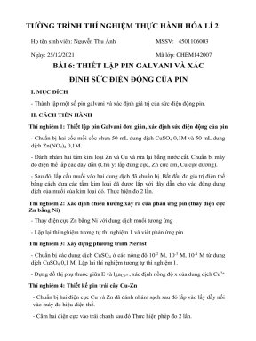 TƯỜNG TRÌNH THÍ NGHIỆM THỰC HÀNH HÓA LÍ 2 THIẾT LẬP PIN GALVANI VÀ XÁC ...