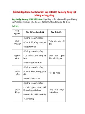 Lap bang phan biet cac dong vat khong xuong song theo cac tieu chi sau