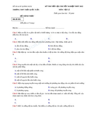 Đề thi thử tốt nghiệp thpt môn vật lí năm 2022 có đáp án sở gdđt quảng ngãi (mã đề 001)