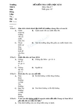 Đề kiểm tra giữa học kì 2 môn địa lí lớp 7 năm 2021 2022 có đáp án trường thcs sơn đông