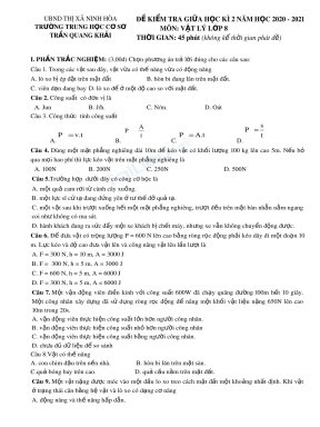 Đề kiểm tra giữa học kì 2 môn vật lí lớp 8 năm 2020 2021 có đáp án trường