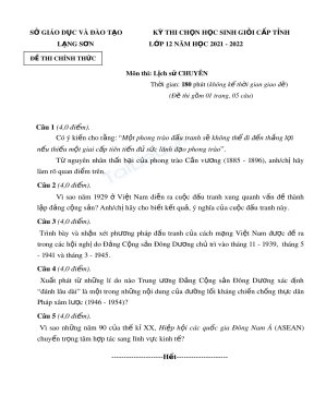 Đề thi chọn học sinh giỏi cấp tỉnh môn lich sử lớp 12 năm 2021 2022 có đáp án