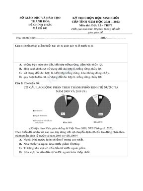 Đề thi chọn học sinh giỏi cấp tỉnh môn địa lí lớp 12 năm 2021 2022 có đáp á