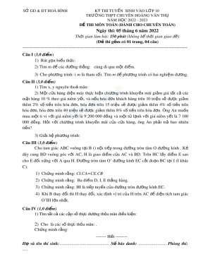 Đề thi tuyển sinh vào lớp 10 môn toán năm 2022 2023 có đáp án trường thpt chuyên hoàng văn thụ
