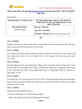 De thi chon hoc sinh gioi mon lich su lop 12 cap tinh nam 2018 2019 so gddt bac lieu