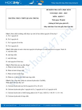 Đề thi giữa học kì 2 môn KHTN 7 CTST năm 2022-2023 trường THCS-THPT Quang Trung có đáp án